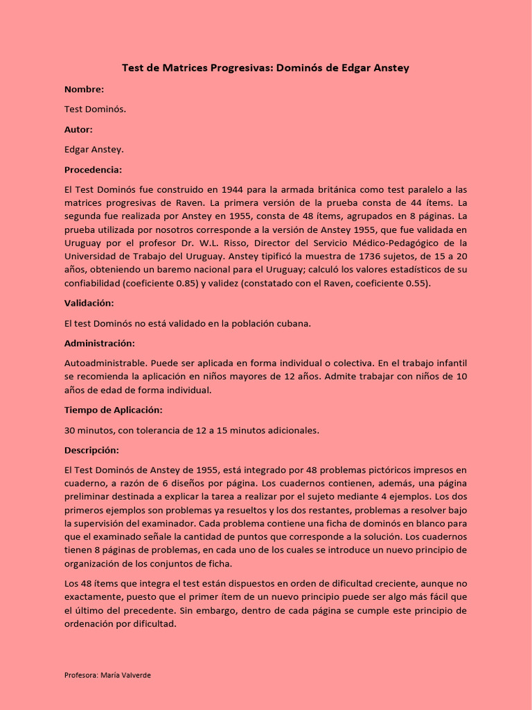 Test de Matrices Progresivas Dominos de Edgar Anstey | PDF | Inteligencia
