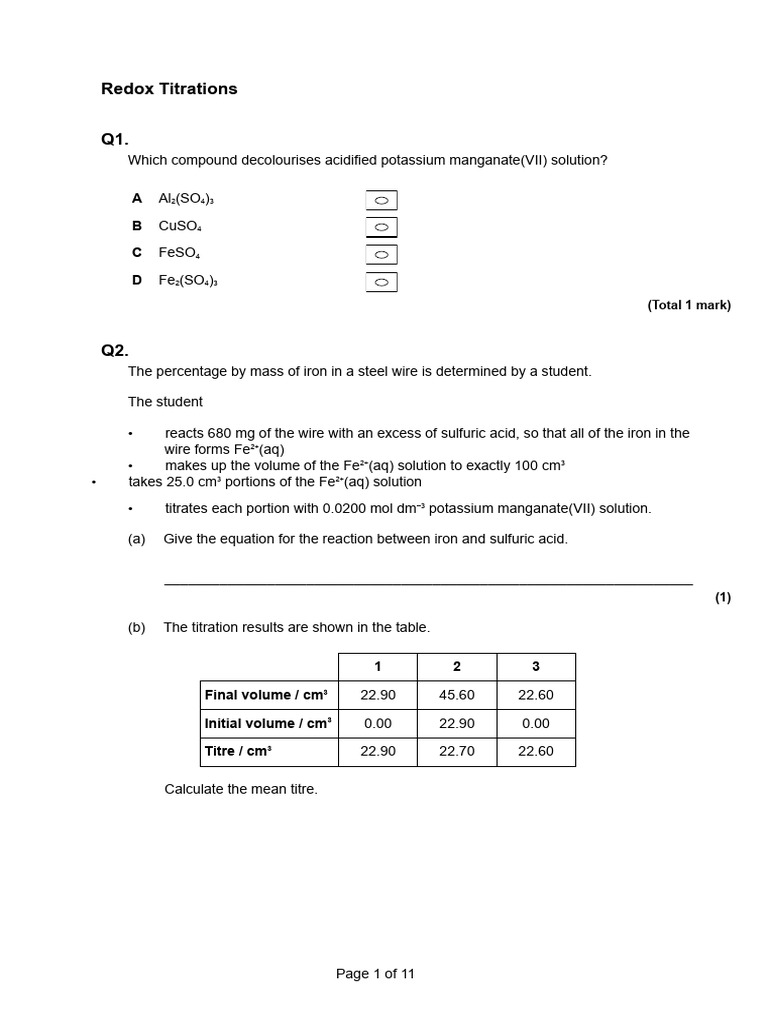 Redox Titration Questions 2 | PDF | Chemistry | Titration