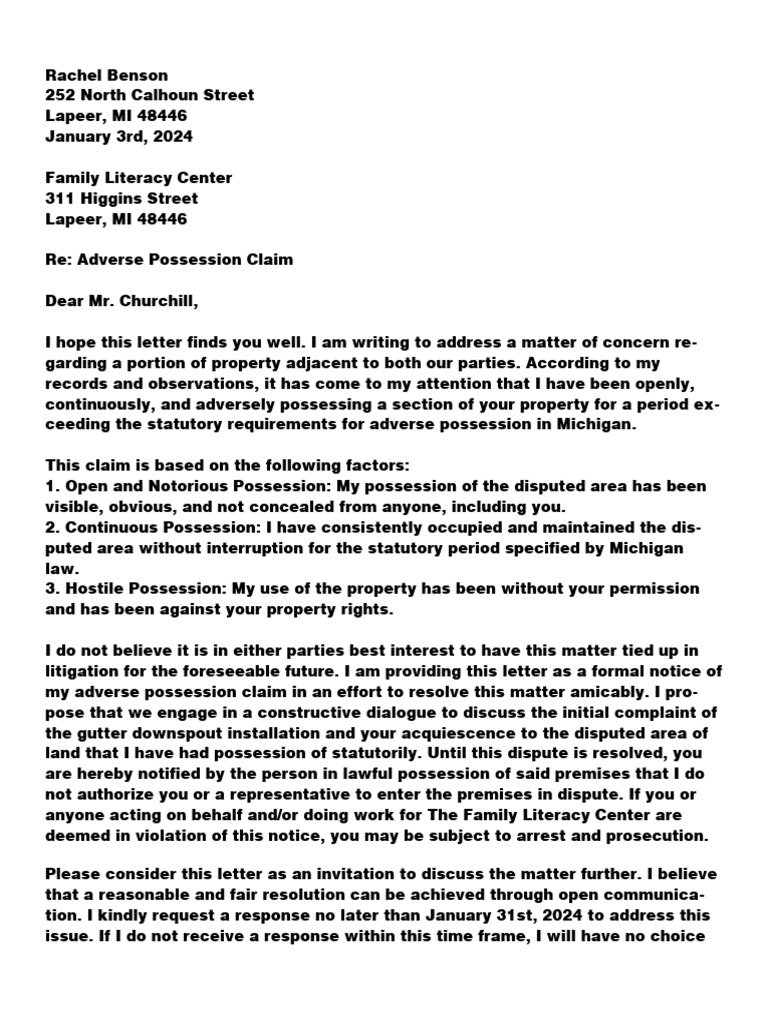 Adverse Possession Letter | PDF | Adverse Possession | Civil Law ...