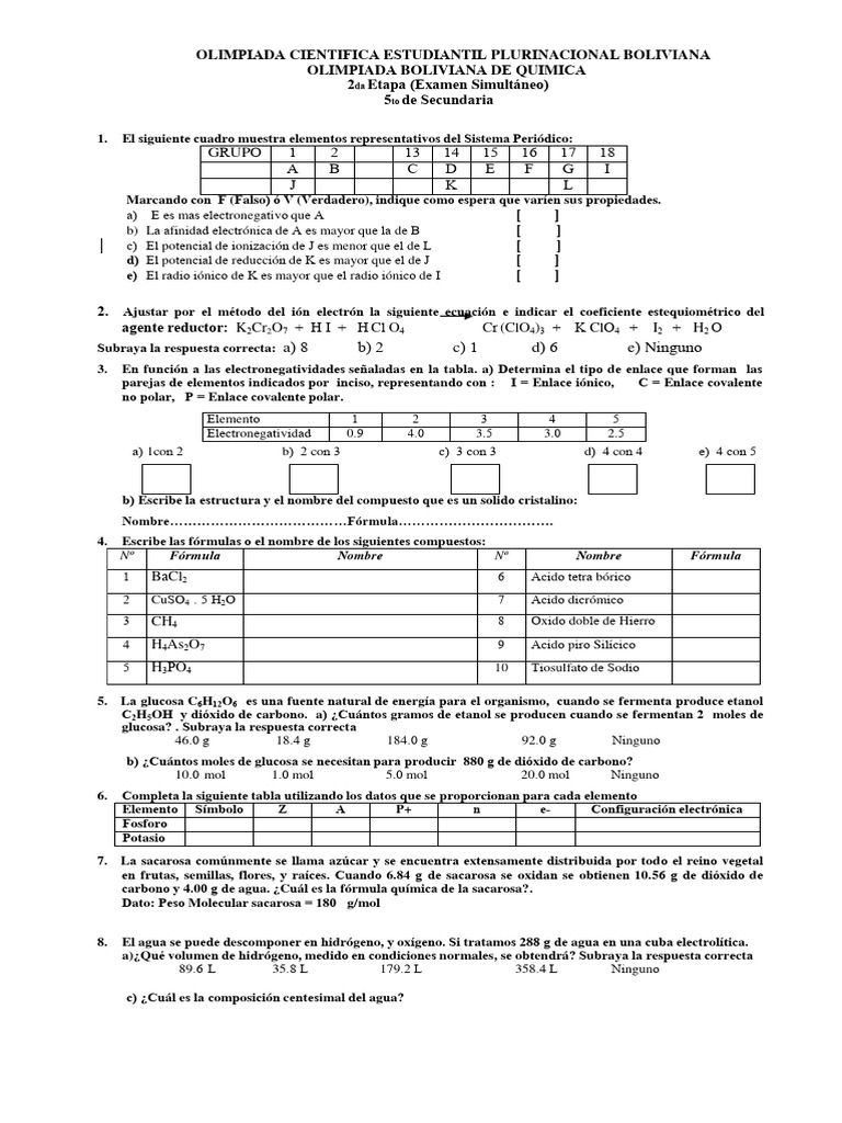 3er Examen 5to Secundaria Olimpiada Cientifica Estudiantil Plurinacional Boliviana | PDF ...