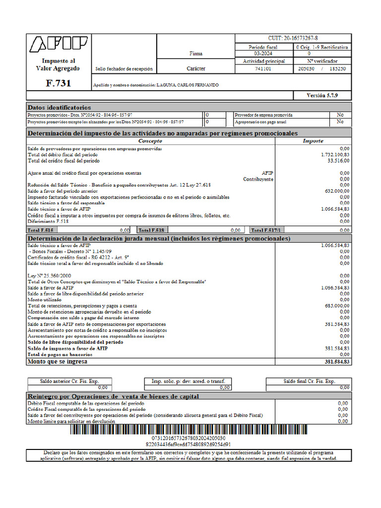 DDJJ IVA f731 - LC | PDF