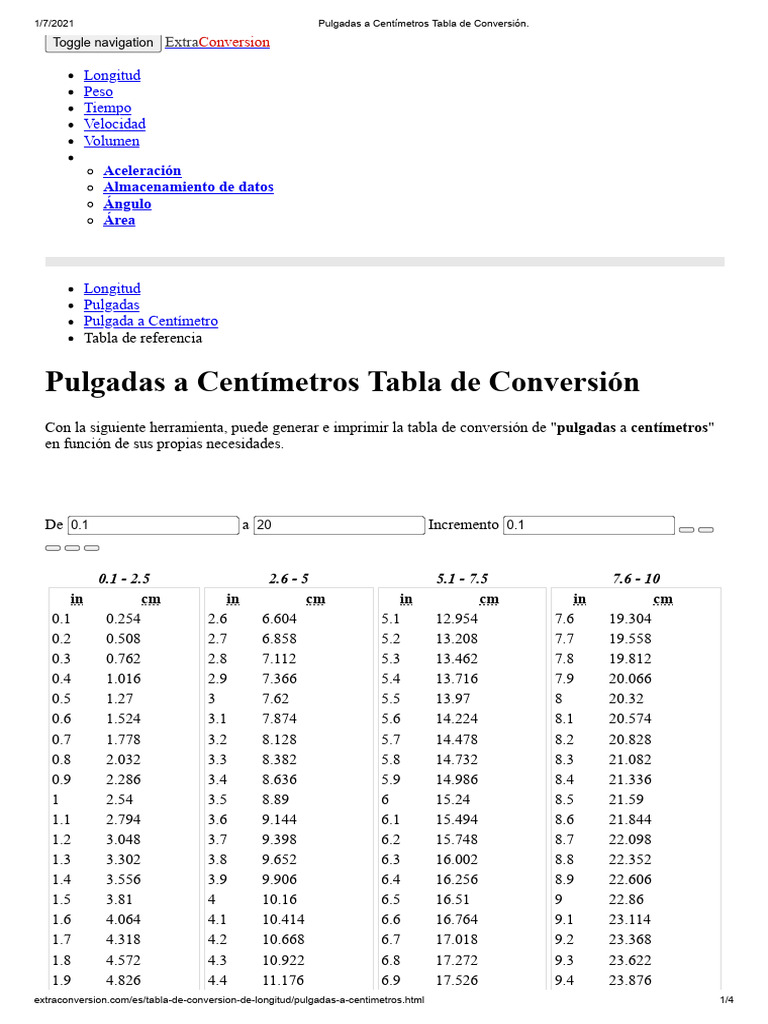 Pulgadas A Centímetros Tabla de Conversión | PDF | Longitud | Unidades ...