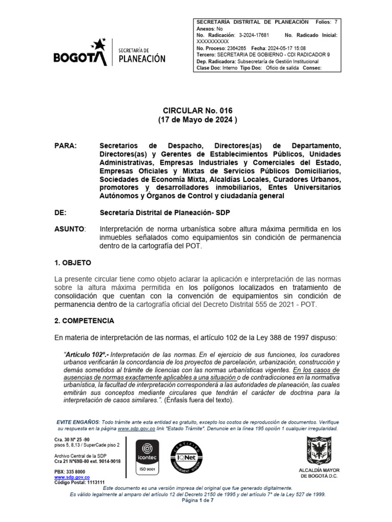 Circular 016 - Altura en Dotacionales Sin Permanencia | Descargar gratis PDF | Planificación