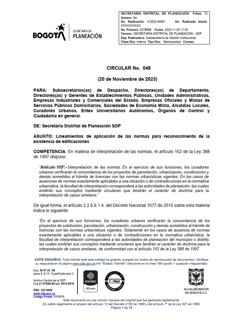 Circular 48 2023 - Lineamientos para Reconocimiento de La Existencia de Edificaciones | PDF ...
