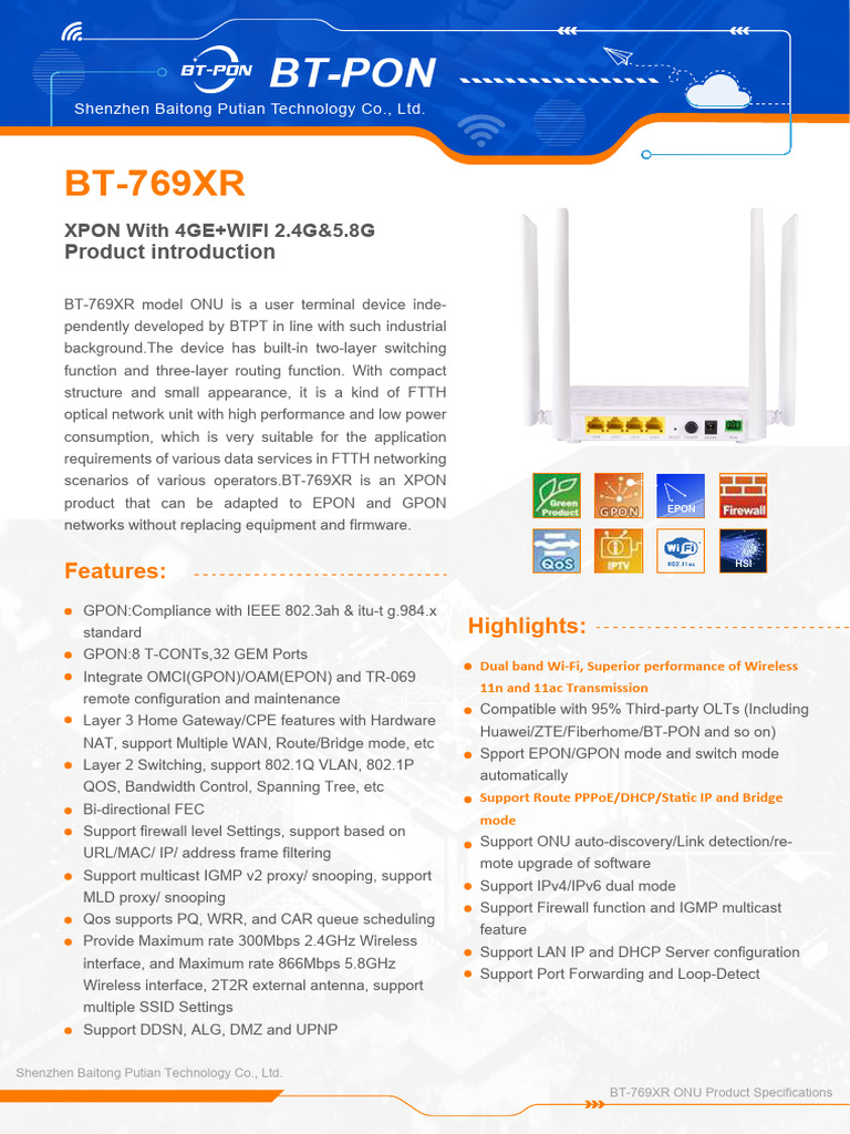 BT-769XR XPON ONU ONT Datasheet | PDF | Wi Fi | Computer Network