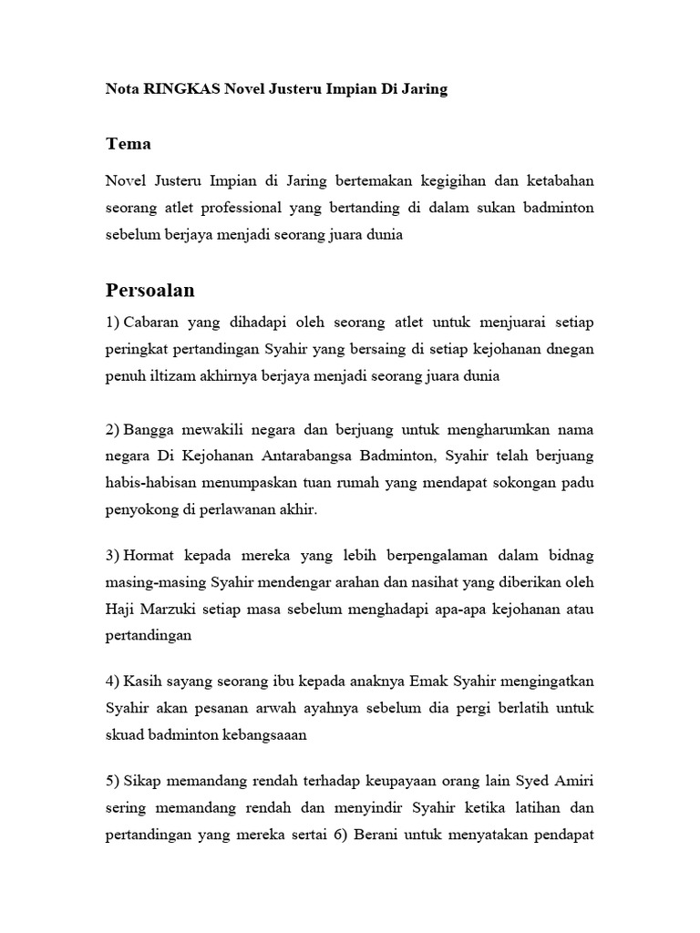 Nota RINGKAS Novel Justeru Impian Di Jaring | PDF | Olahraga & Rekreasi ...
