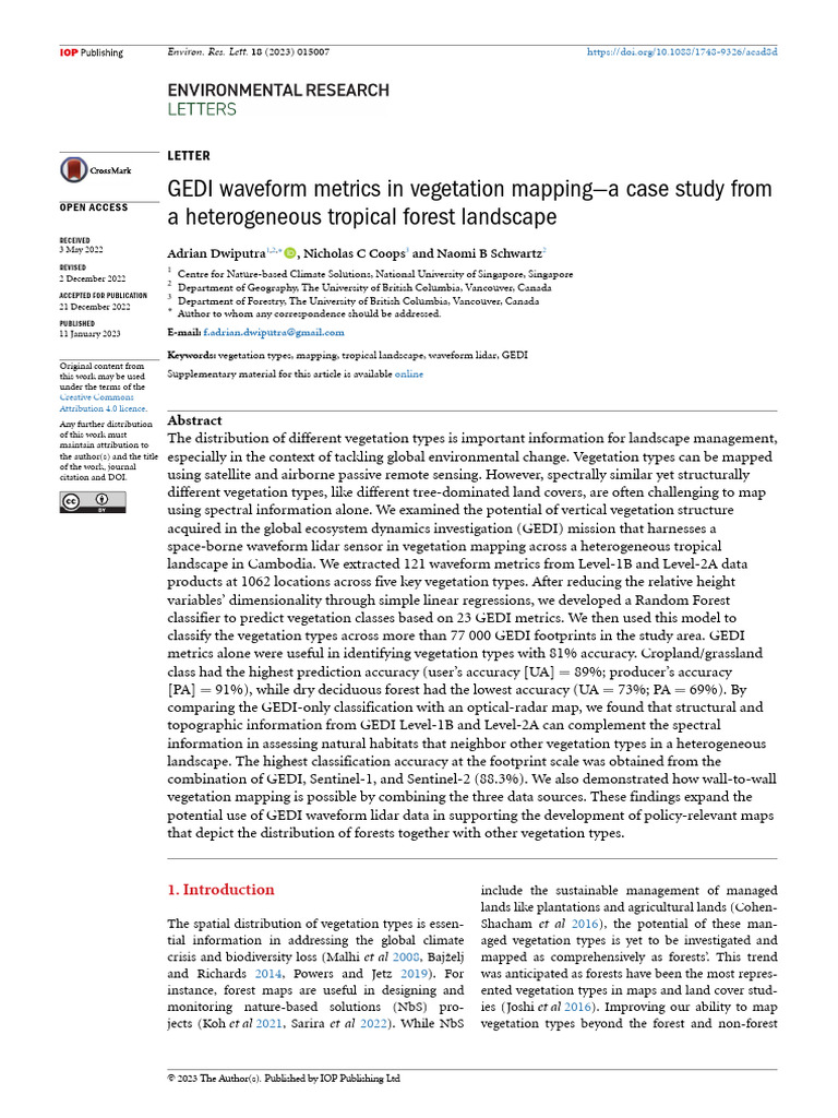GEDI Waveform Metrics in Vegetation Mapping-A Case | PDF | Lidar | Statistical Classification