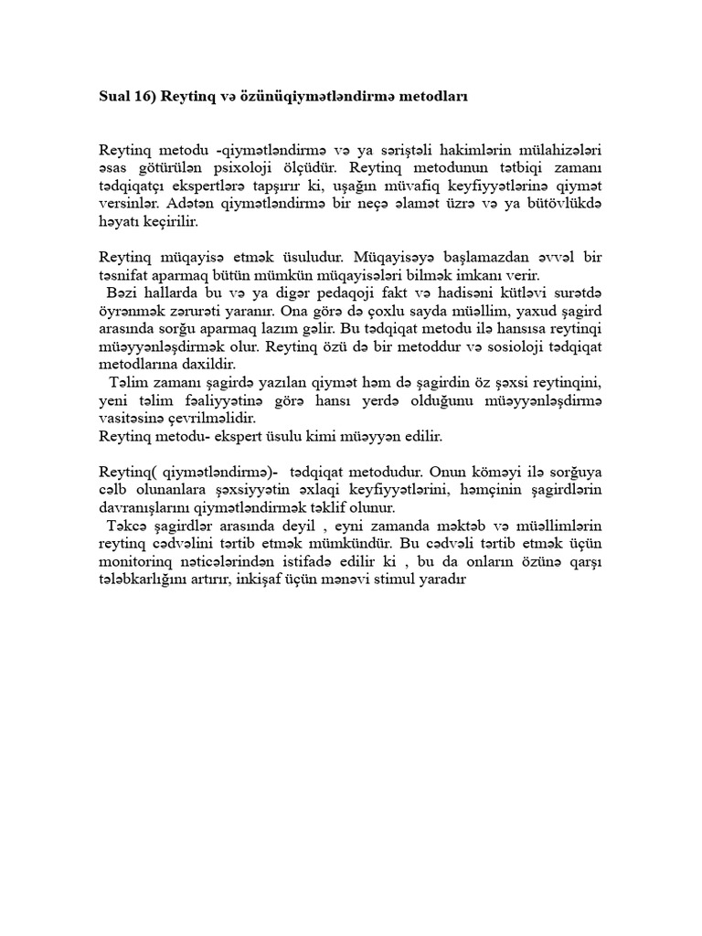 Sual 16) Reytinq VƏ Özünüqiymətləndirmə Metodları | PDF