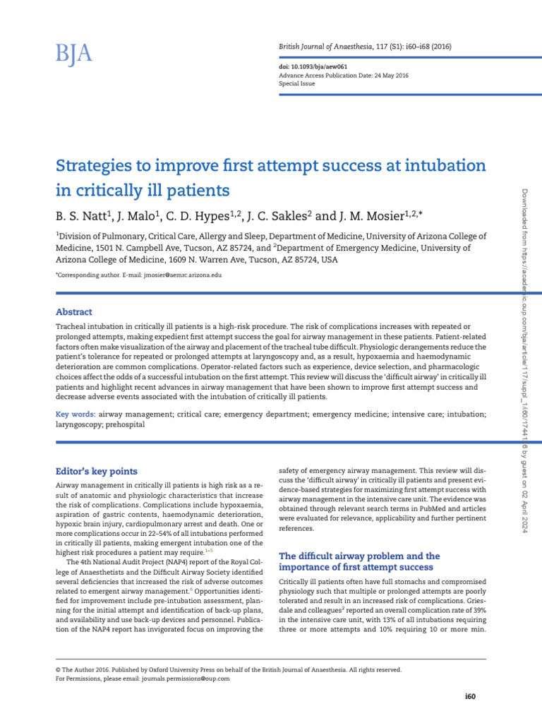 Strategies To Improve First Attempt Success at Intubation in Critically ...