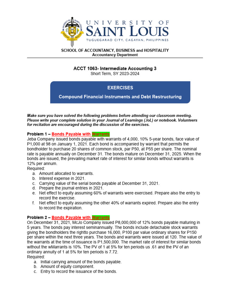 Exercises Compound Financial Instruments and Debt Restructuring | PDF | Bonds (Finance ...