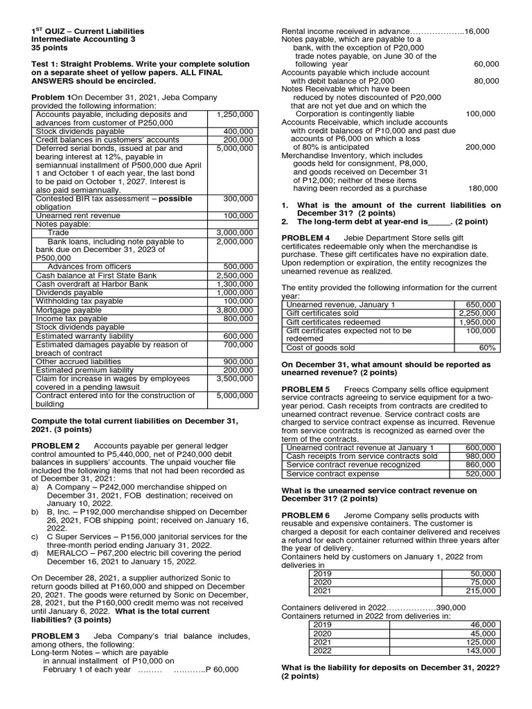 1ST QUIZ Current Liabilities 1 | PDF | Accounts Payable | Refinancing