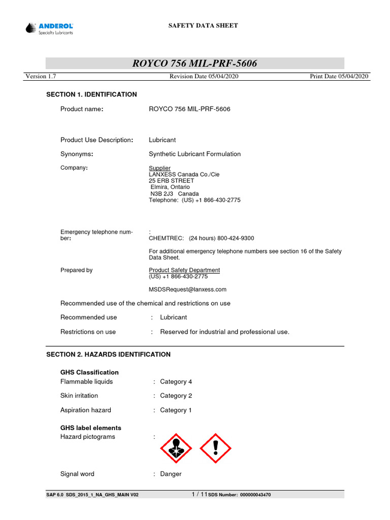 03-SDS Royco 756 05042020 EN | PDF | Dangerous Goods | Toxicity
