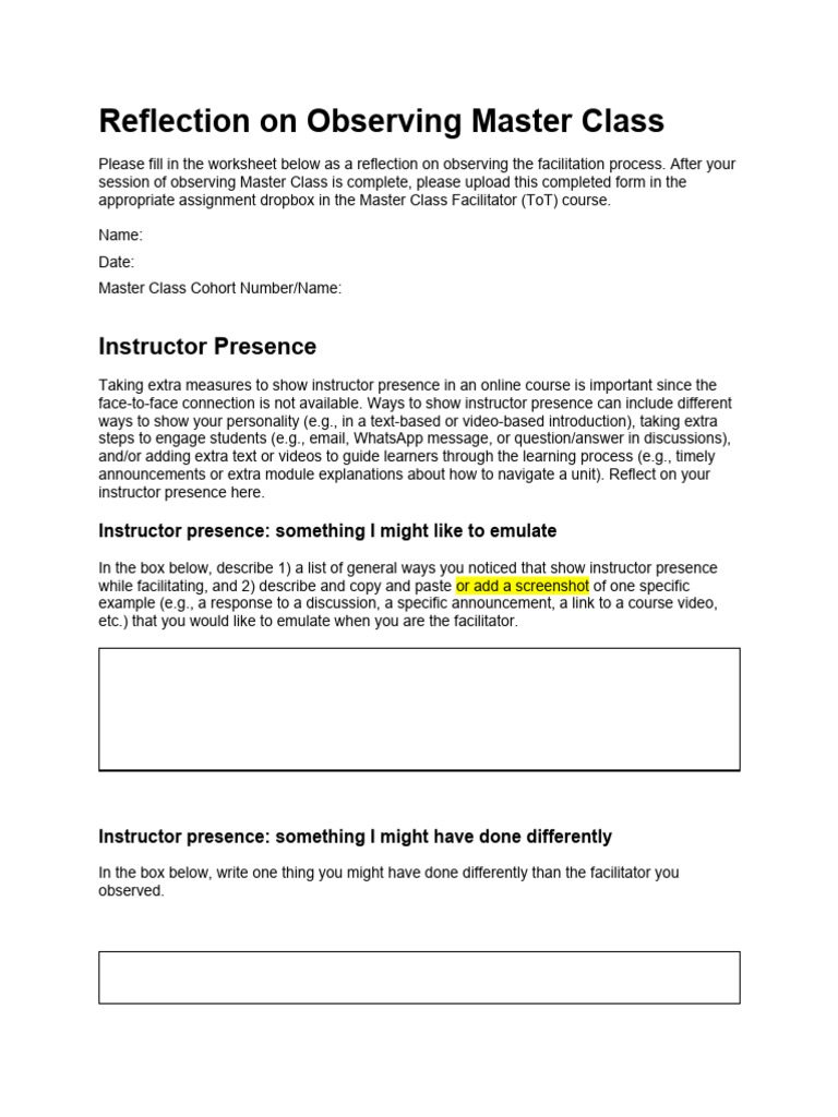 Master Class Observation Reflection Guide | PDF | Art