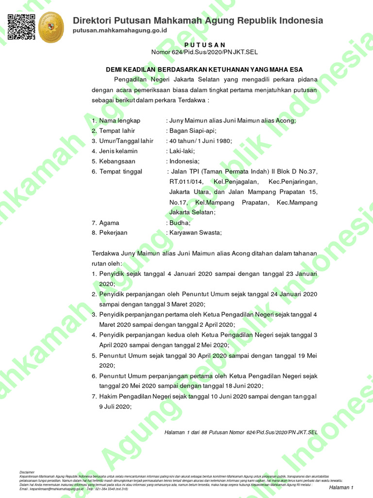 Putusan 624 Pid - Sus 2020 PN JKT - Sel 20240622215459 | PDF