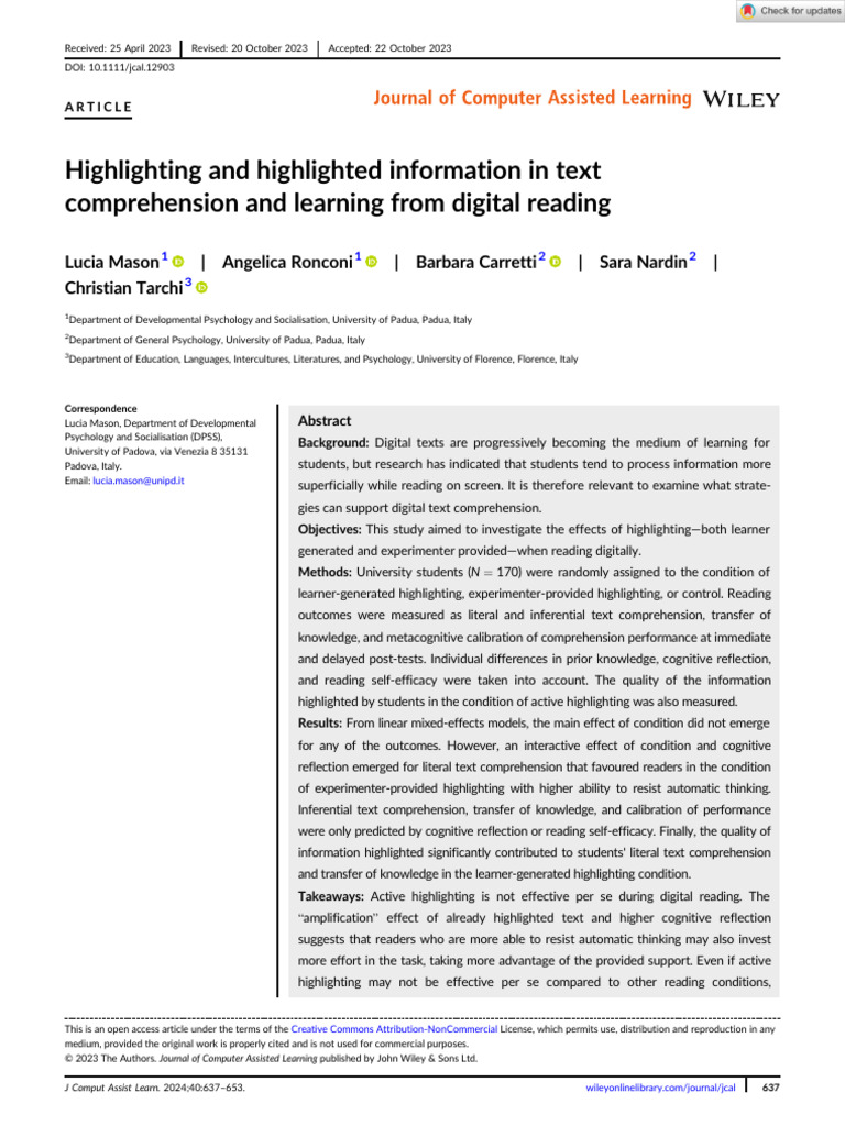Computer Assisted Learning - 2023 - Mason - Highlighting and Highlighted Information in Text ...