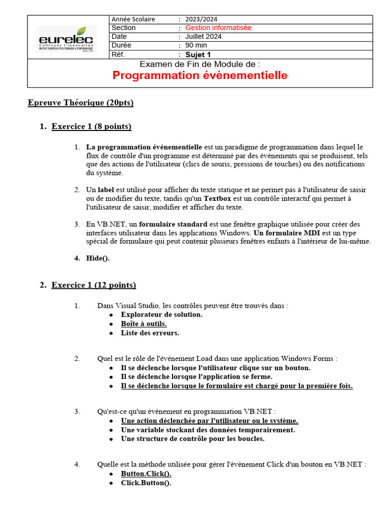 Template Sujet1 Programmation Evenementielle - Correction | PDF | Programmation informatique ...