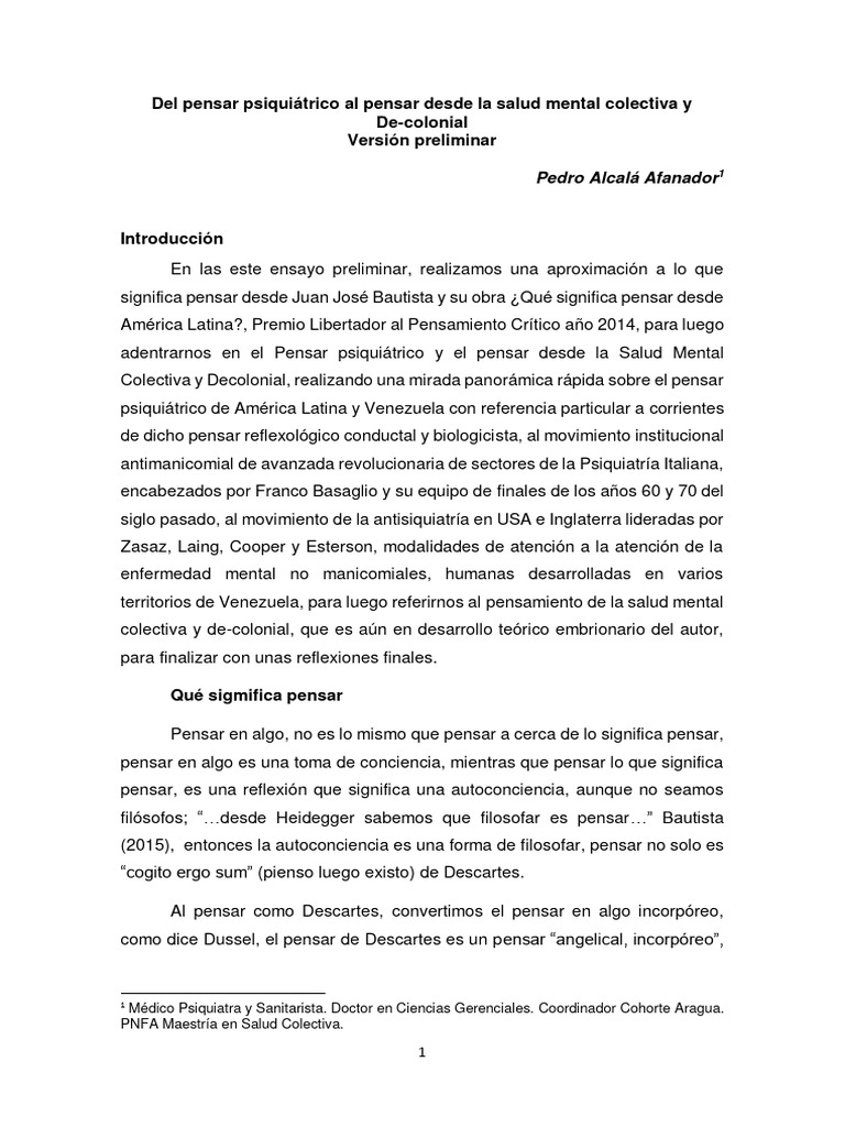 Del Pensar Psiquiátrico Al Pensar Desde La Salud Mental Colectiva y ...