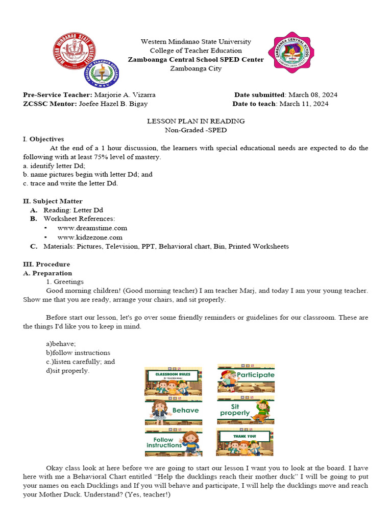 Lesson Plan Reading Letter DD | PDF | Human Communication | Cognitive Science