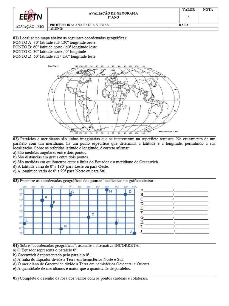 Avaliação Coordenadas Pdf Longitude Geociências