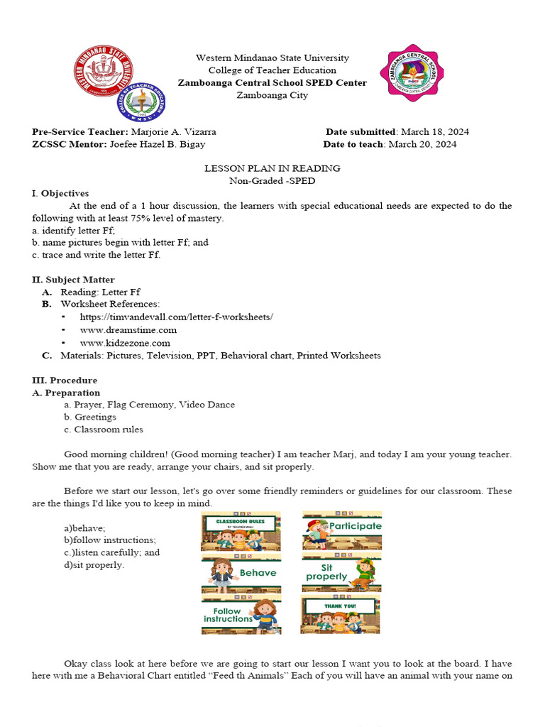 Letter F Lesson Plan for SPED | PDF | Learning | Behavior Modification