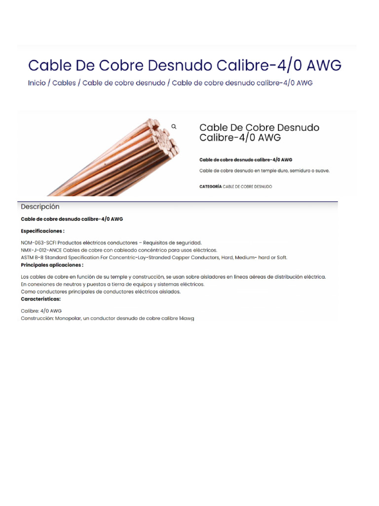 Cable De Cobre Desnudo Calibre-4'0 AWG | PDF