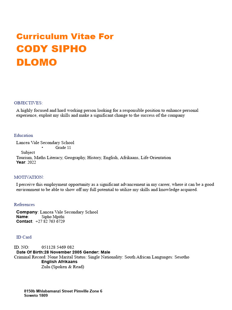Cody Dlomo CV | PDF | Career & Growth | Language Arts & Discipline