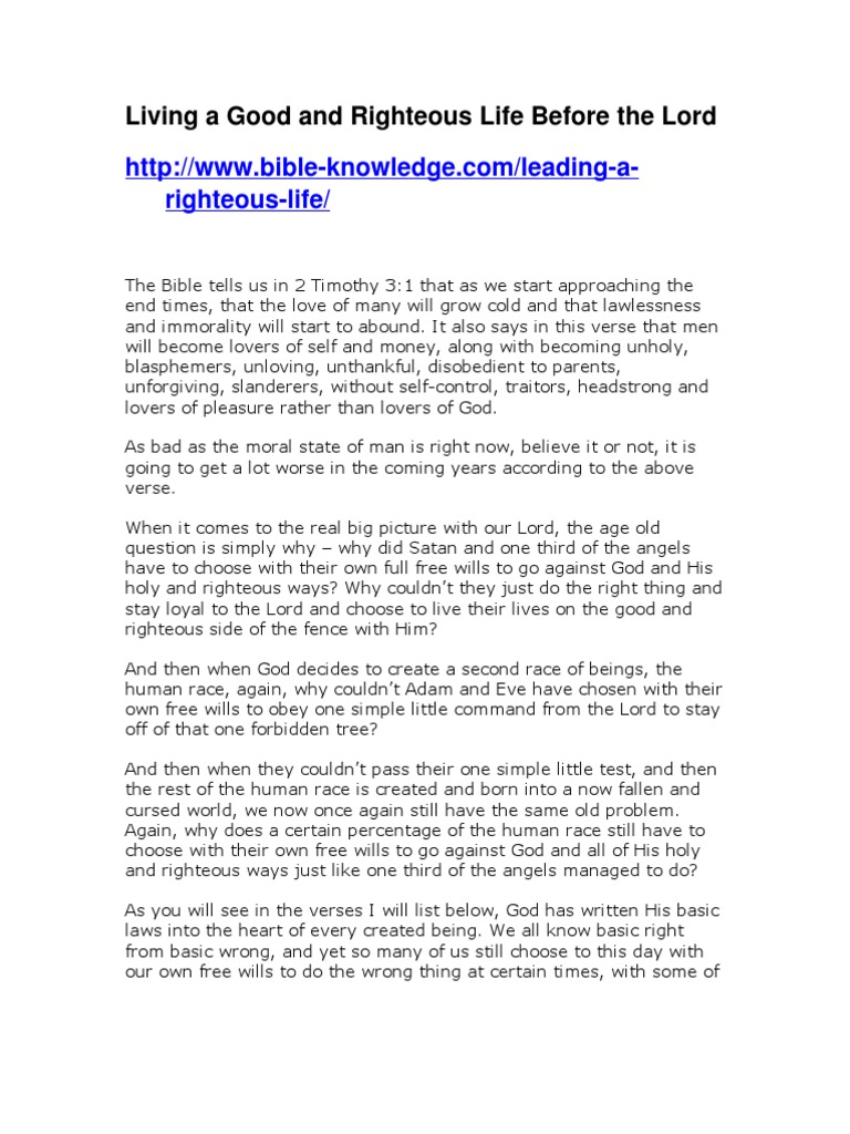 Living A Good and Righteous Life Before The Lord | PDF | Sin | Adam And Eve