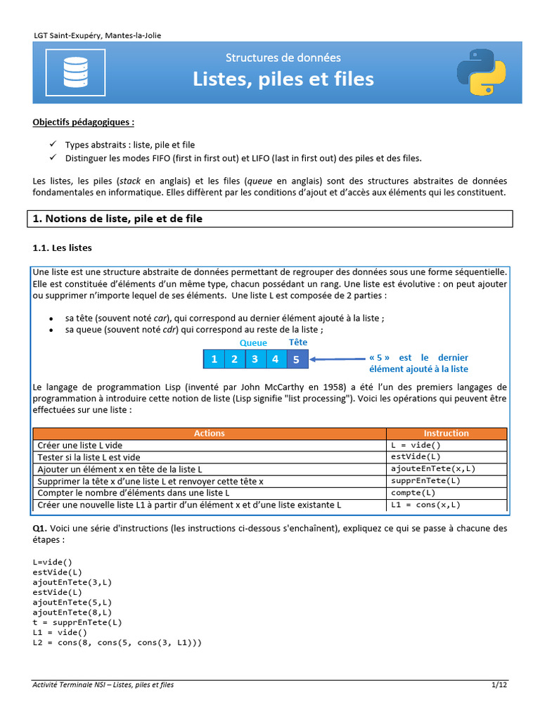 Piles et files en structures de données | PDF | Python (Langage de ...