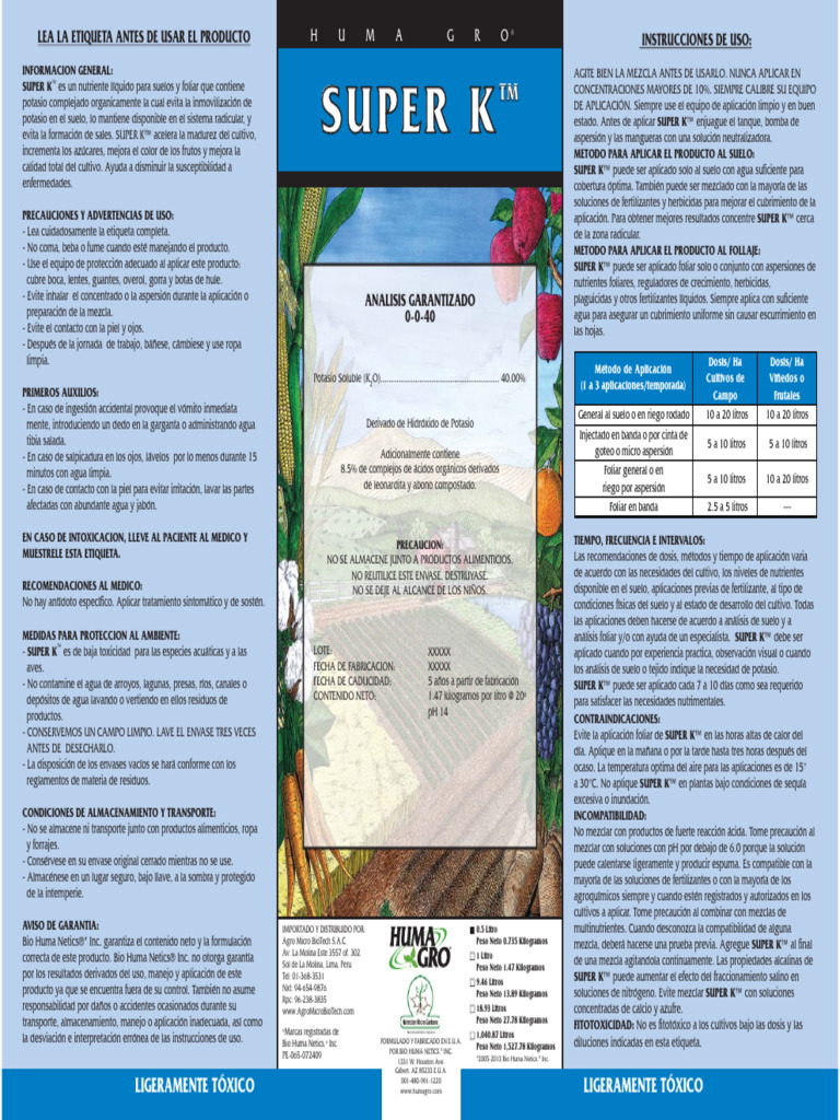 Huma Gro Super K | PDF | Fertilizante | Agua