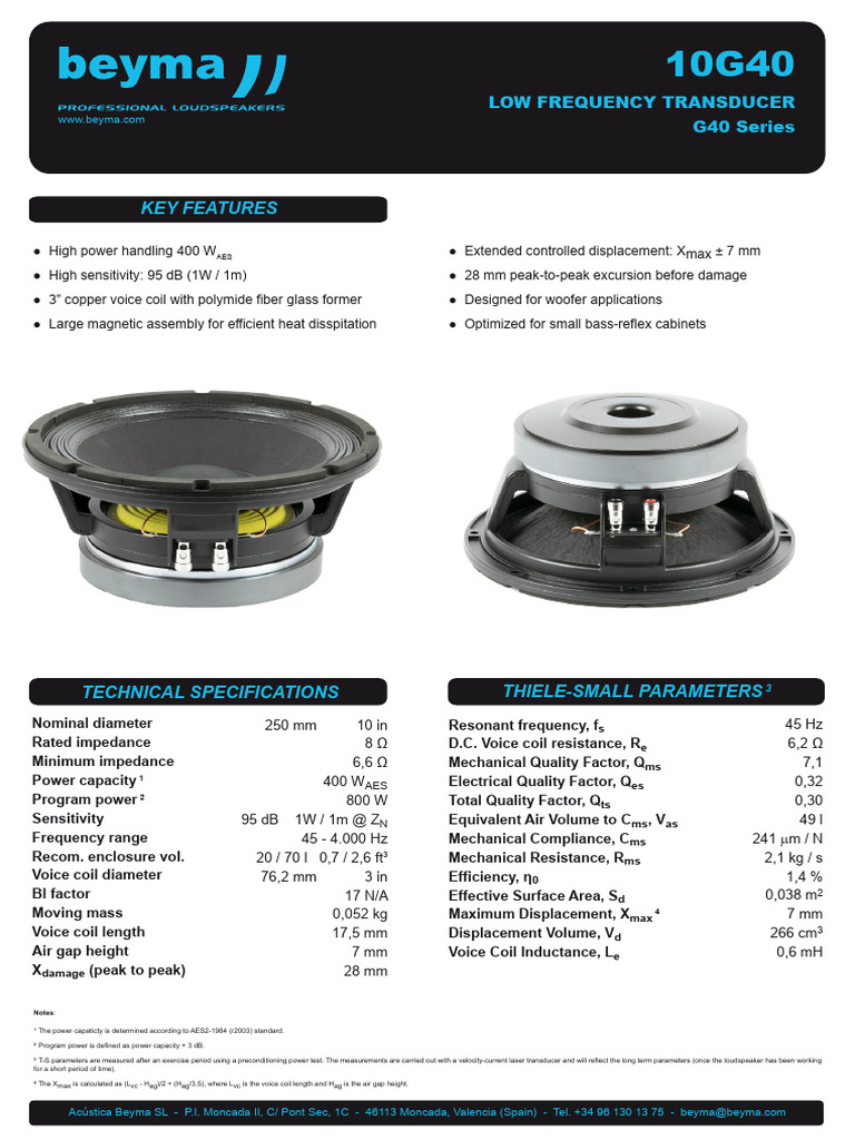 Beyma Speakers Data Sheet Low Mid Frequency 10G40 | PDF | Loudspeaker | Inductor