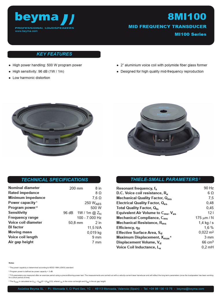 Beyma Speakers Data Sheet Low Mid Frequency 8MI100 | PDF | Loudspeaker | Electronics