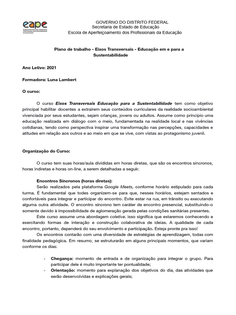 Sustentablidade_Plano de Trabalho.docx | PDF | Pedagogia | Aprendizado