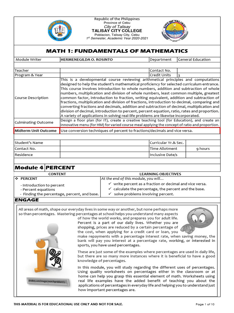 MODULE4 For MATH 1 PERCENT For Online Distribution | PDF | Percentage | Odds