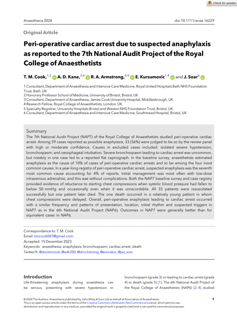 Anaesthesia 2024 Cook Peri Operative Cardiac Arrest Due To Suspected ...