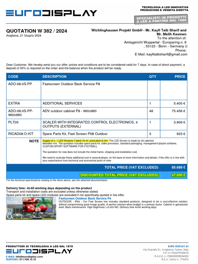 W382-2024 - LEDWall For Outdoor Use 7.68x5.76 Mt. P8 Mm. With Sport Software | PDF | Computing
