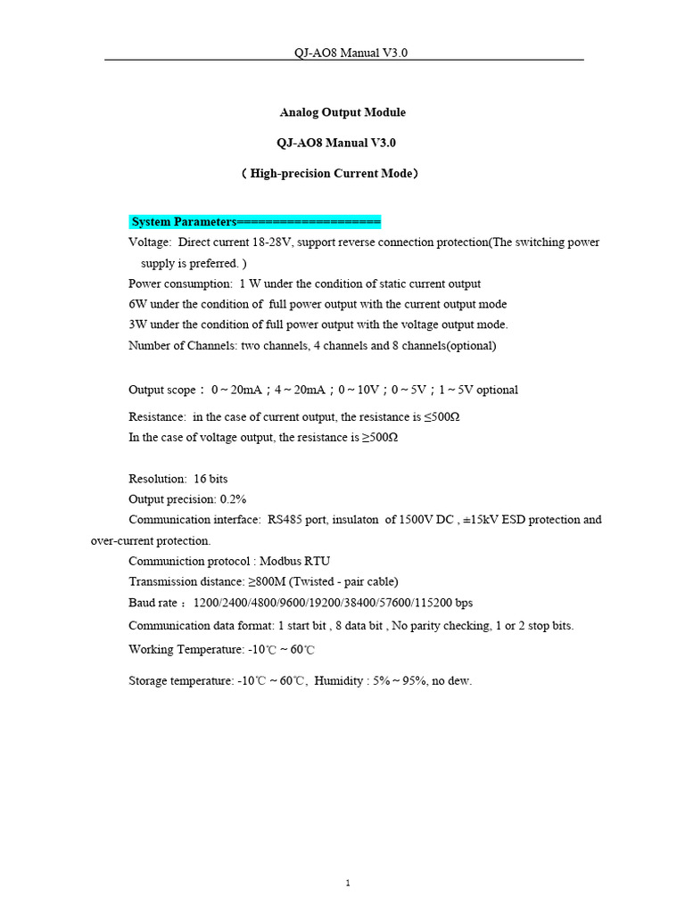 QJ-AO8 Analog Output Manual | PDF | Bit | Electrical Engineering