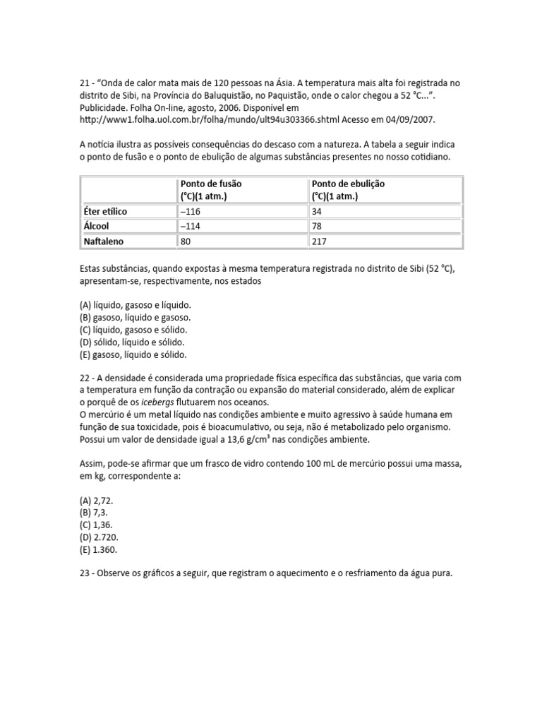 Quimica Simulado 9em 1bim | PDF | Congelamento | Mecânica de continuidade