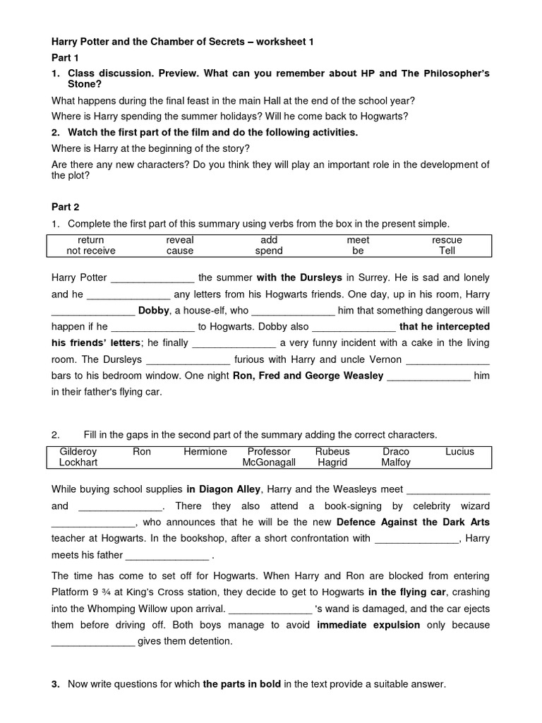 HP and The Chamber Worksheet 1 | PDF | Literary Characters | Fantasy