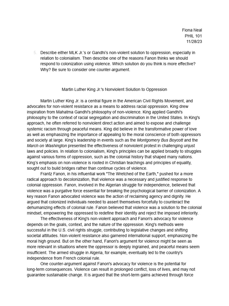 ESSAY #3 PHIL - Fiona Neal PDF | PDF | Nonviolence | Frantz Fanon