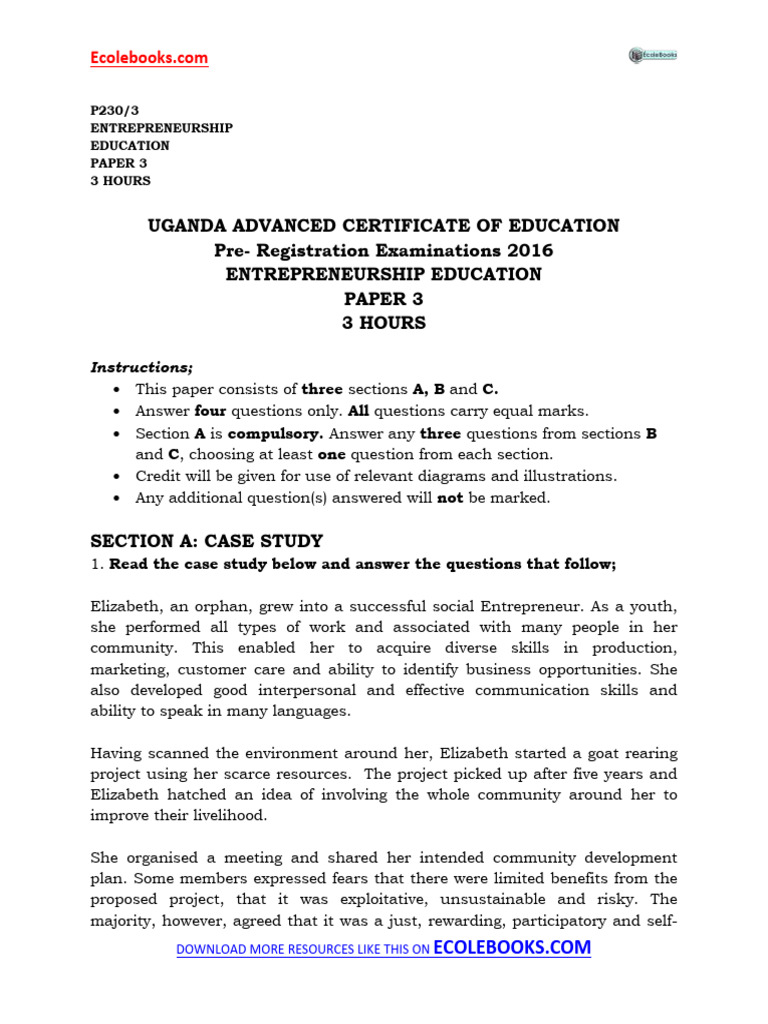 S.6 Ent PP3 Revision Past Papers | PDF | Entrepreneurship | Business