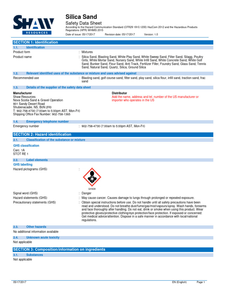 MSDS Silica Sand | PDF | Safety | Occupational Safety And Health