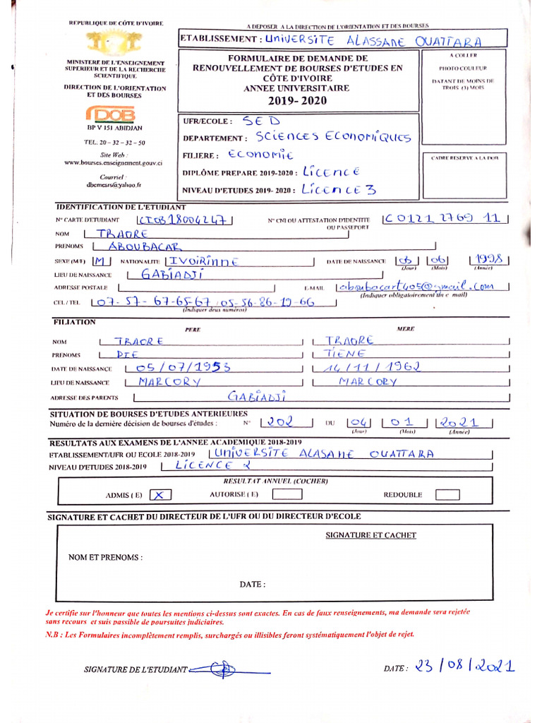 Formulaire de Renouvellement de Bourse 2018-2019 | PDF