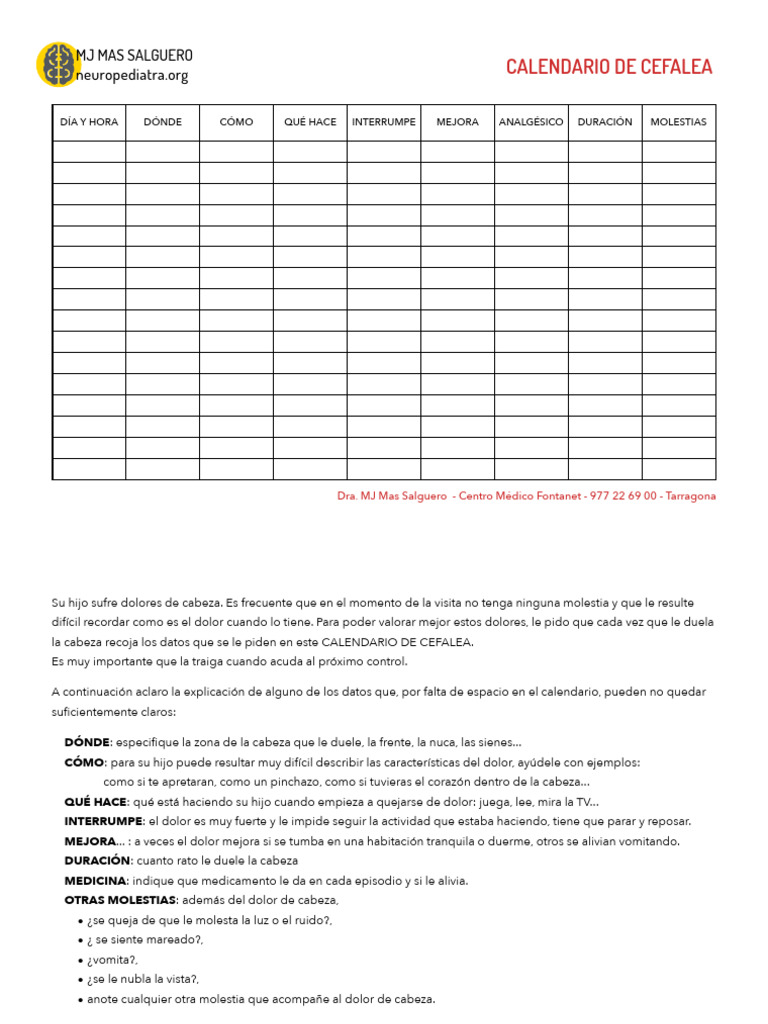 Calendario de Cefalea Infantil PDF | PDF