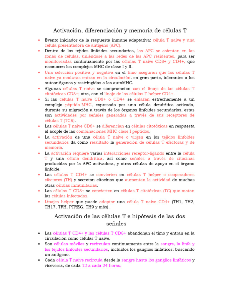 Activación, Diferenciación y Memoria de Células T | PDF | Célula T | Citocina