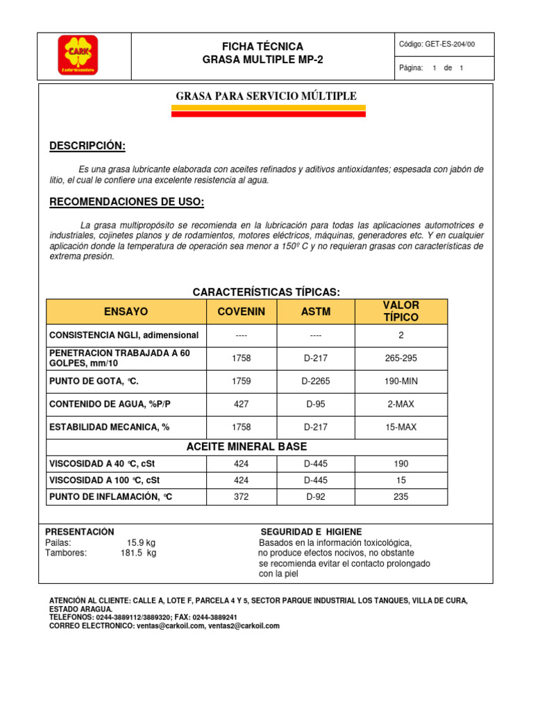 Ficha Tecnica Grasa Multiproposito | PDF | Materiales