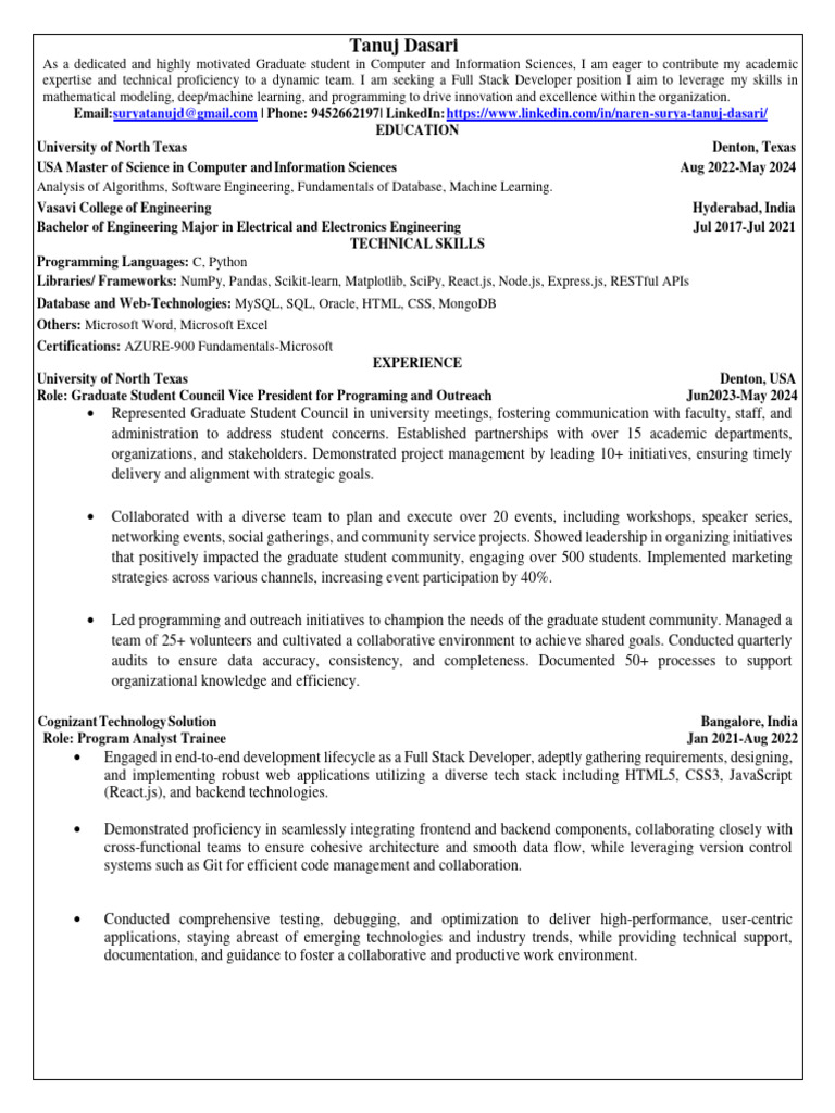 Full Stack Developer Naren Surya Tanuj Dasari Resume Pdf Java Script Software Engineering