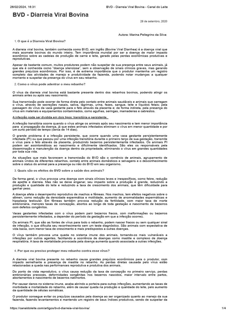 2 BVD - Diarreia Viral Bovina - Canal Do Leite | PDF | Vírus | Gravidez