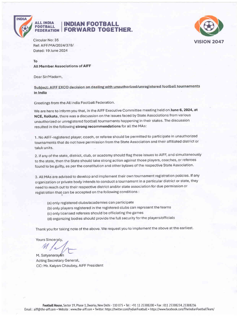 AIFF letter - Unauthorised Football Tournaments | PDF