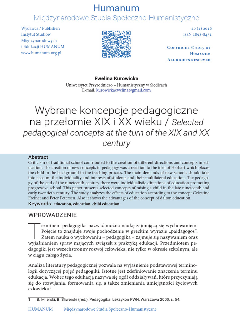 Wybrane Koncepcje Pedagogiczne Na P | PDF