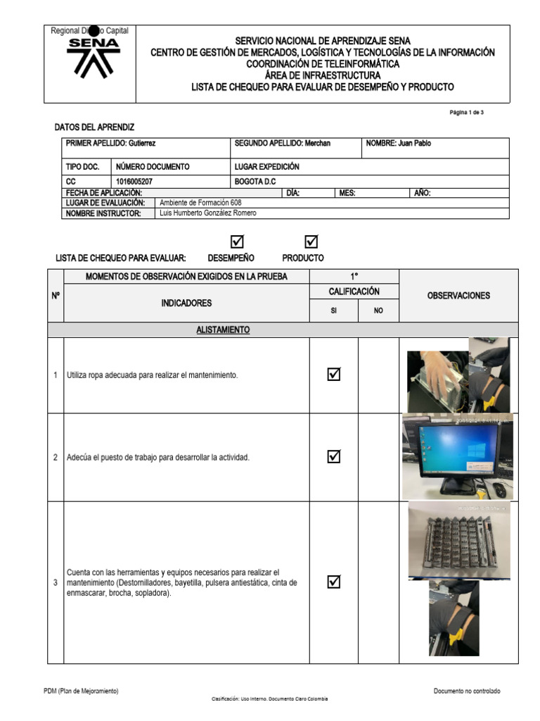 Taller 1. Lista de Chequeo Del Taller 1 Alistamiento, Ensamble y Mantenimiento de PC | PDF ...